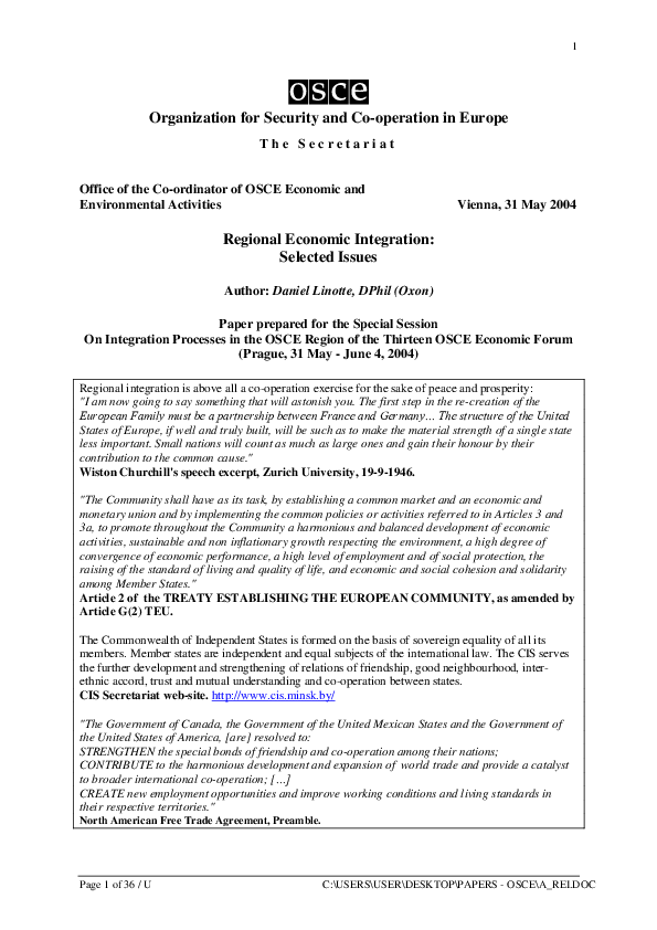(PDF) Regional Economic Integration: Selected Issues (OSCE Paper)
