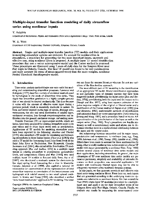 Pdf Multiple Input Transfer Function Modeling Of Daily Streamflow