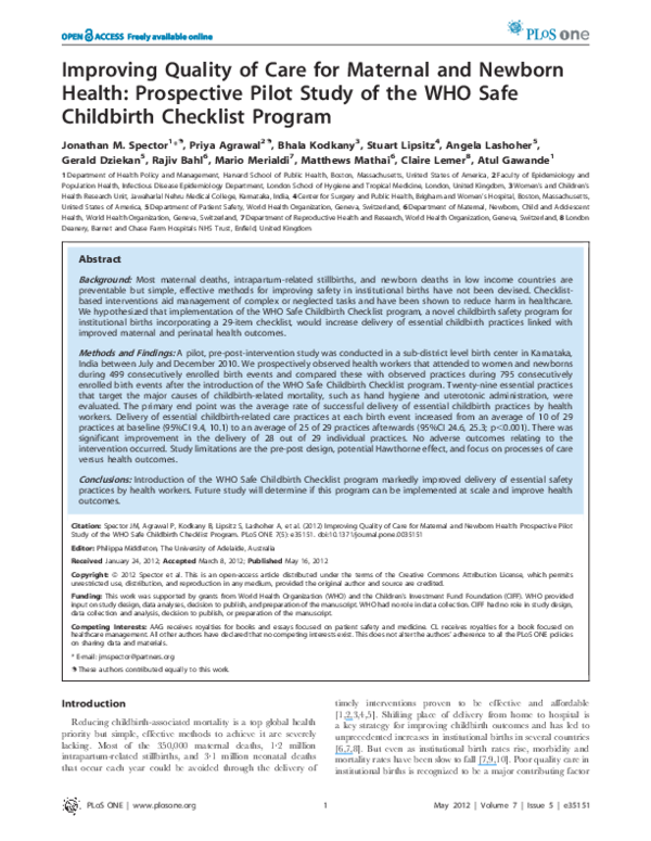 (PDF) Implementation of the WHO safe childbirth checklist program at a ...