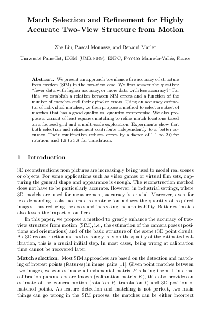 Pdf Match Selection And Refinement For Highly Accurate Two View Structure From Motion