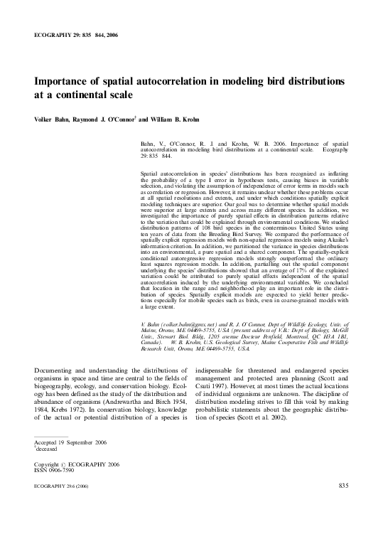 Pdf Importance Of Spatial Autocorrelation In Modeling Bird Distributions At A Continental Scale