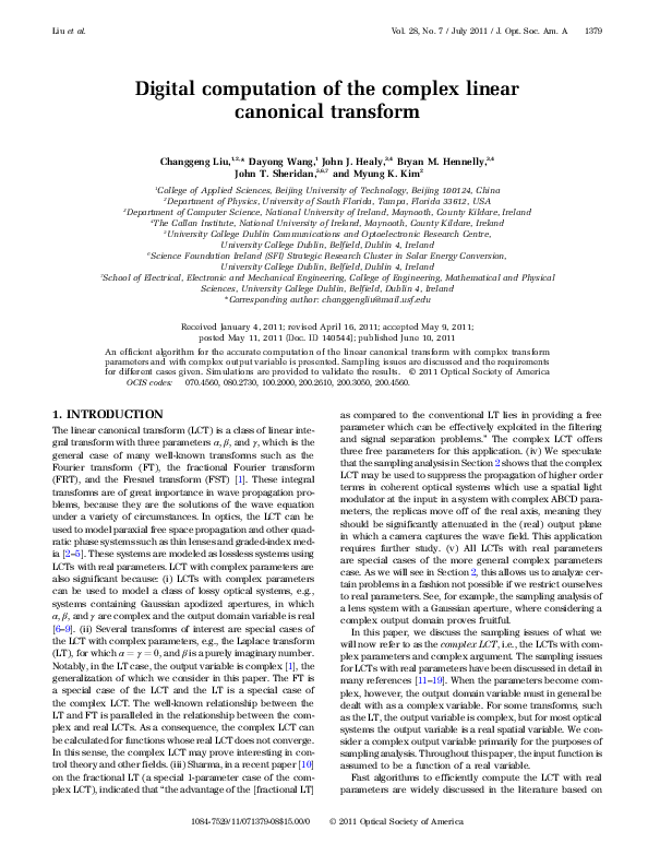 (PDF) Digital computation of the complex linear canonical transform