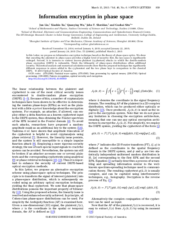 (PDF) Information encryption in phase space