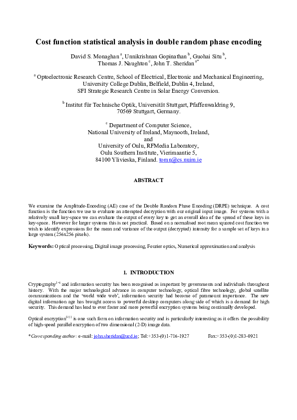 (PDF) Cost function statistical analysis in double random phase encoding