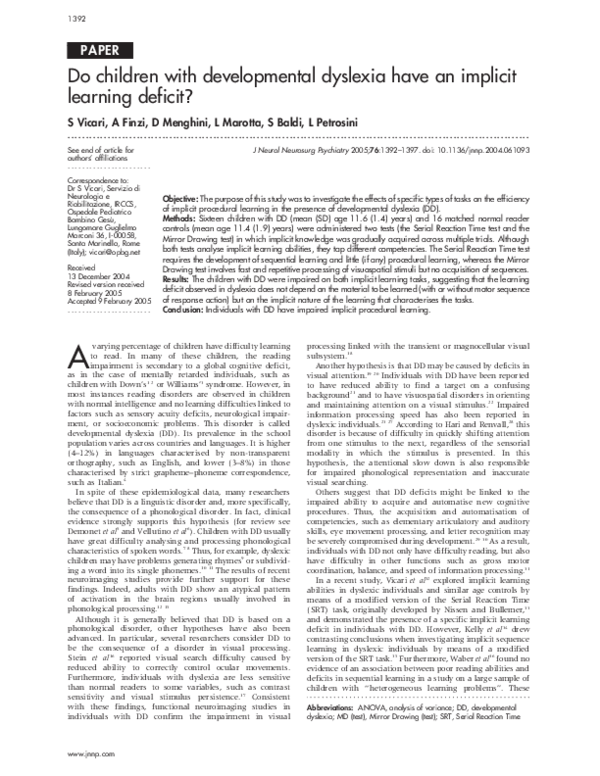 (PDF) Implicit learning deficit in children with developmental dyslexia