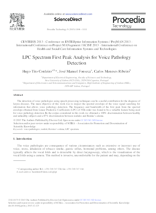 (PDF) LPC Spectrum First Peak Analysis for Voice Pathology Detection