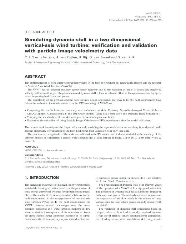 (PDF) Simulating dynamic stall in a two-dimensional vertical-axis wind turbine: verification and ...