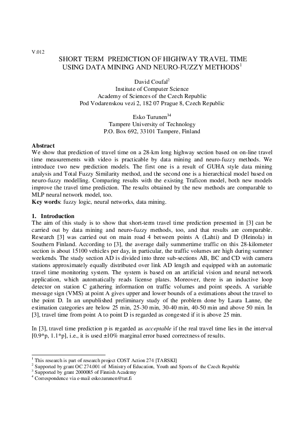 (PDF) Short Term Prediction of Highway Travel Time Using Data Mining and Neuro-Fuzzy METHODS1