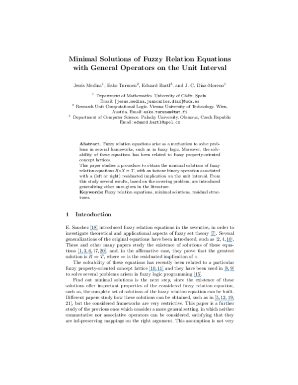 Pdf Minimal Solutions Of Fuzzy Relation Equations With General Operators On The Unit Interval