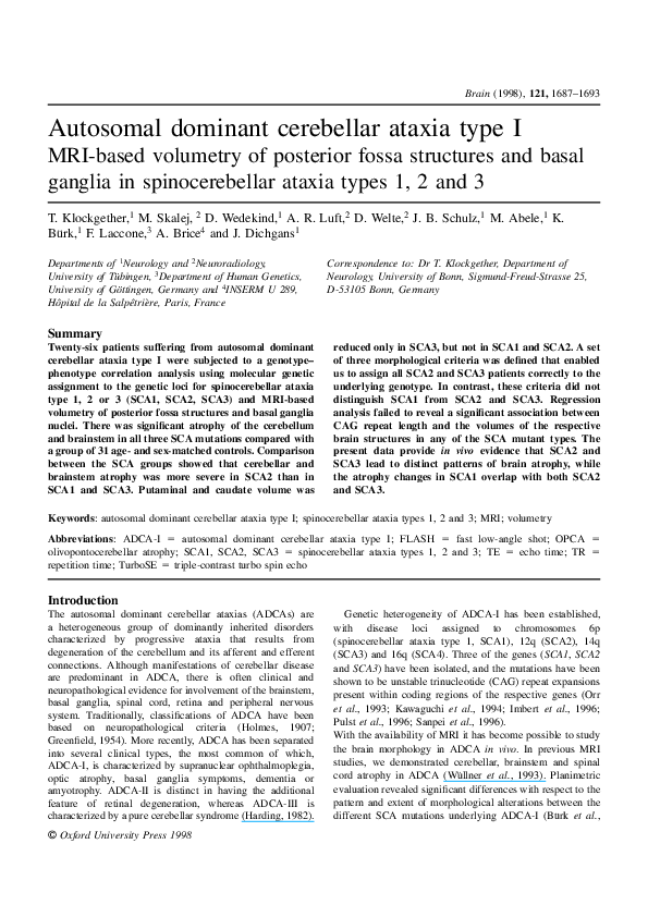 (PDF) Autosomal dominant cerebellar ataxia type I. MRI-based volumetry ...