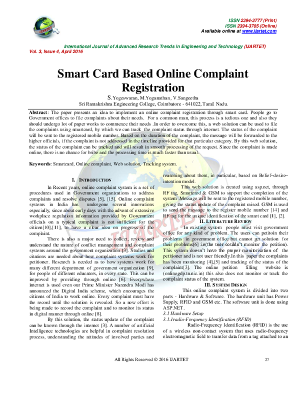 (PDF) Smart Card Based Online Complaint Registration | IJARTET Journal ...