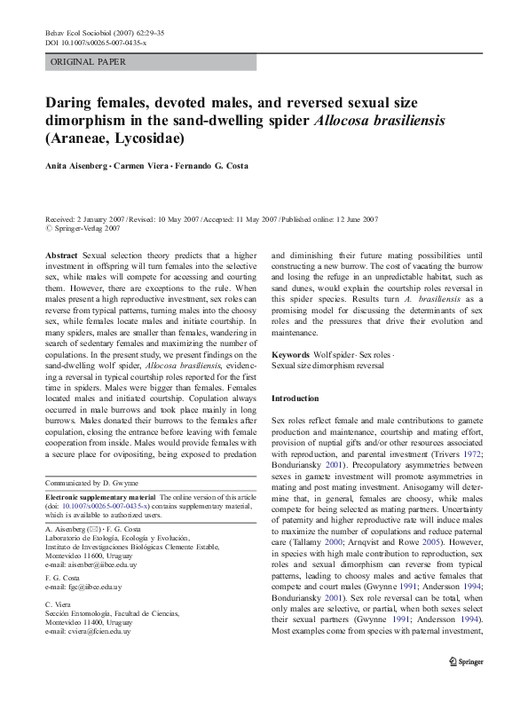 (PDF) Daring females, devoted males, and reversed sexual size ...