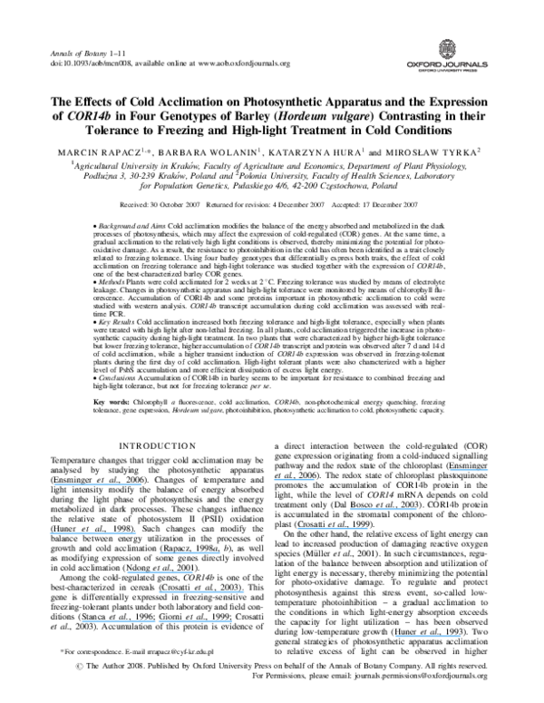 (PDF) The effects of cold acclimation on photosynthetic apparatus and the expression of COR14b ...