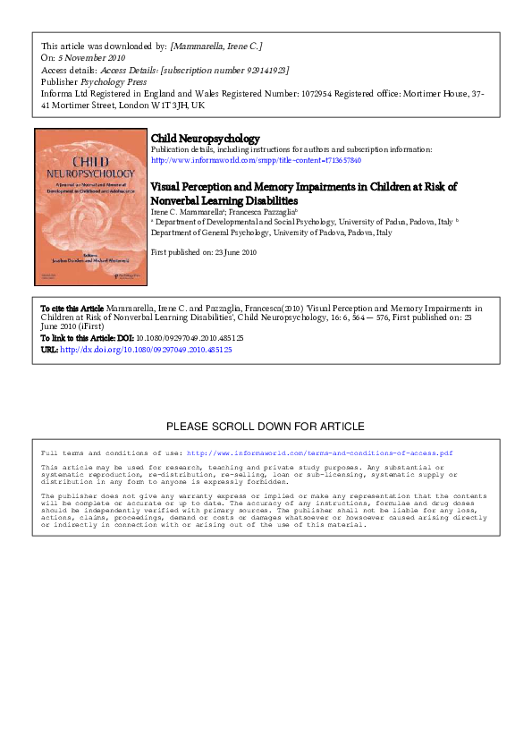 (PDF) Visual Perception and Memory Impairments in Children at Risk of ...