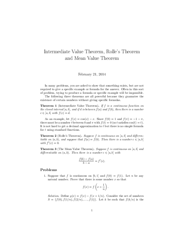 (PDF) Intermediate Value Theorem, Rolle's Theorem and Mean Value Theorem (PDF) Intermediate Value Theorem, Rolle's Theorem and Mean Value Theorem