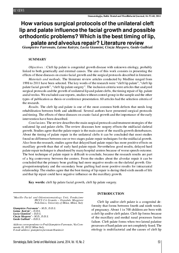 (PDF) How various surgical protocols of the unilateral cleft lip and palate influence the facial ...