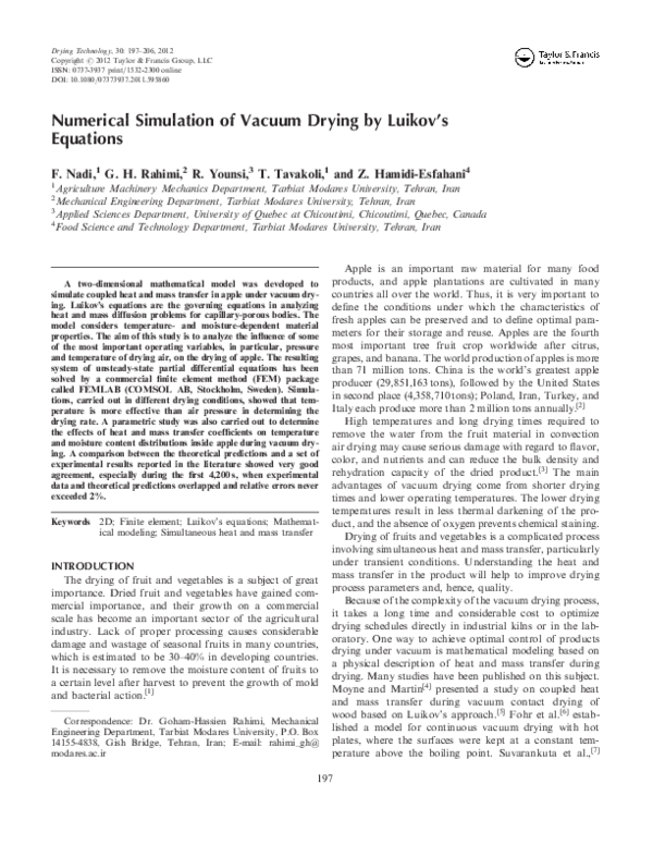 (PDF) Numerical Simulation of Vacuum Drying by Luikov's Equations