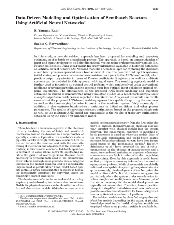 Pdf Data Driven Modeling And Optimization Of Semibatch Reactors Using Artificial Neural