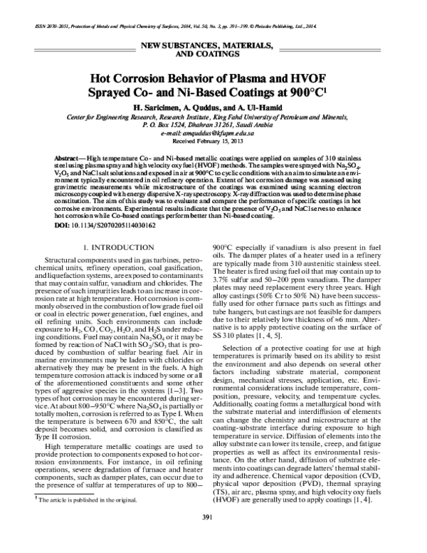 (PDF) Hot corrosion behavior of plasma and HVOF sprayed Co- and Ni-based coatings at 900°C ...