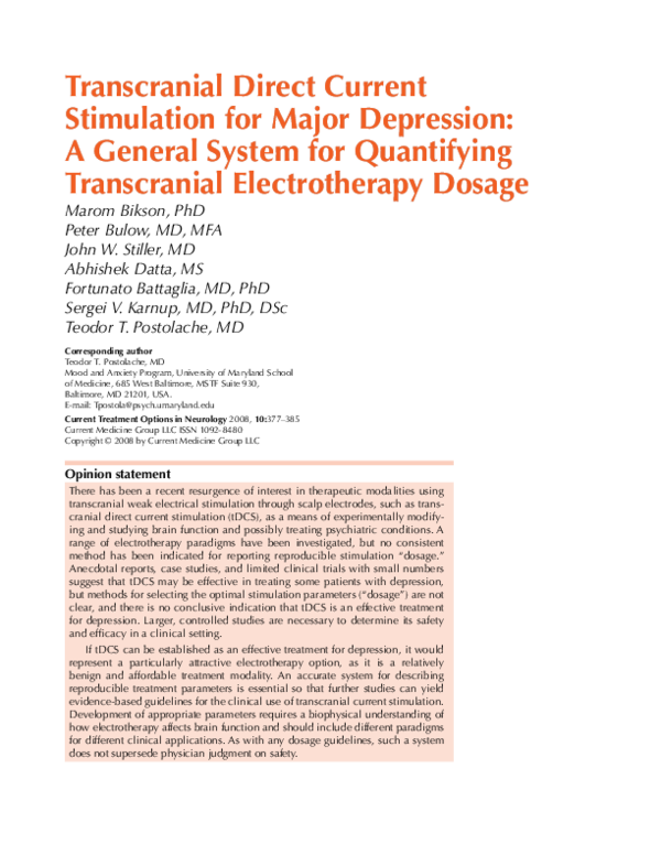 (PDF) Transcranial Direct Current Stimulation for Major Depression: A ...