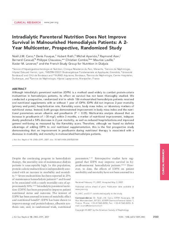 (PDF) Intradialytic Parenteral Nutrition Does Not Improve Survival in Malnourished Hemodialysis ...