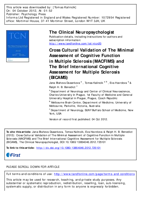 Pdf Cross Cultural Validation Of The Minimal Assessment Of Cognitive Function In Multiple