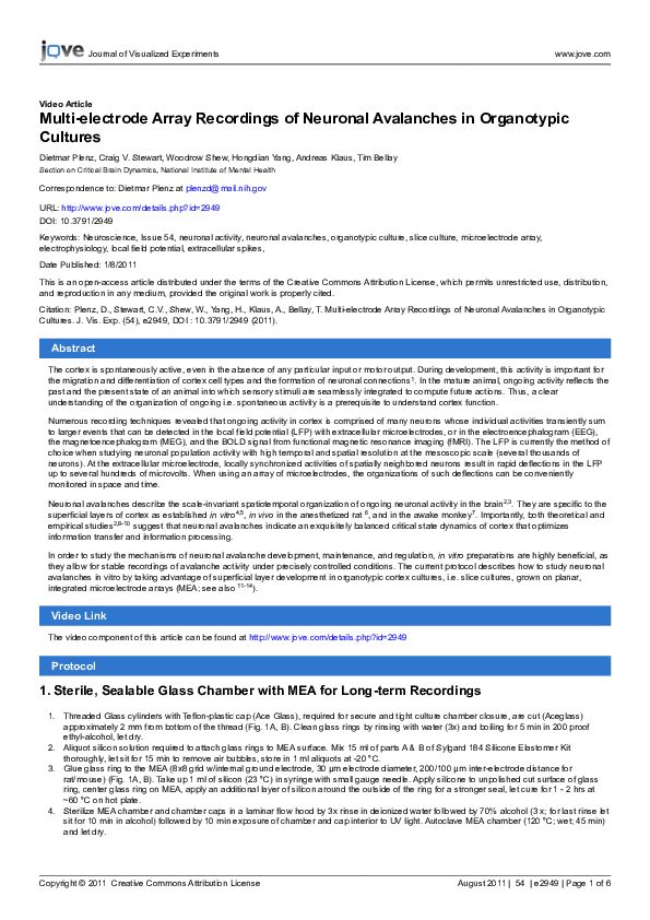 (PDF) Multi-electrode Array Recordings of Neuronal Avalanches in Organotypic Cultures