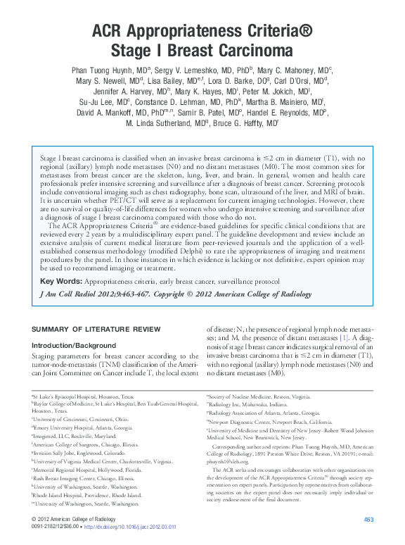 (PDF) ACR Appropriateness Criteria® Stage I Breast Carcinoma