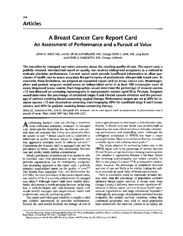 (PDF) A breast cancer care report card. An assessment of performance ...
