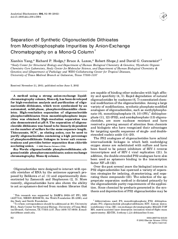 (PDF) Separation of Synthetic Oligonucleotide Dithioates from ...