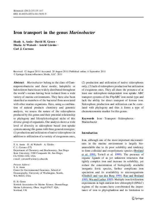 (PDF) Iron transport in the genus Marinobacter