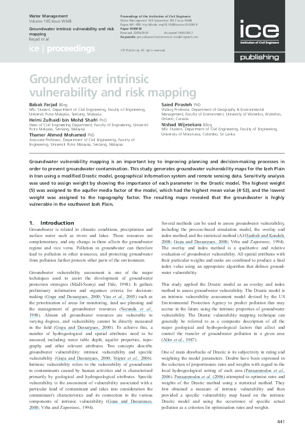 (PDF) Groundwater intrinsic vulnerability and risk mapping