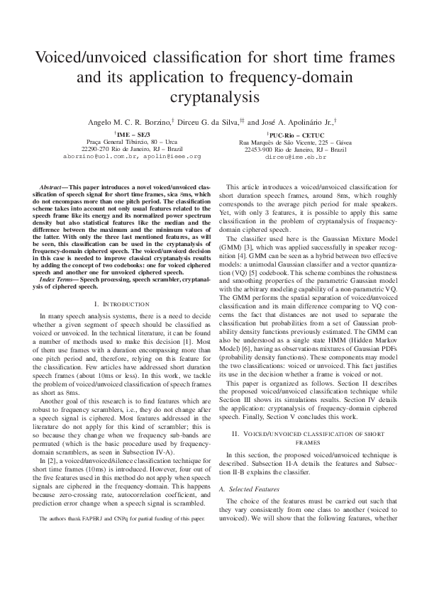 (PDF) Voiced/unvoiced classification for short time frames and its application to frequency ...