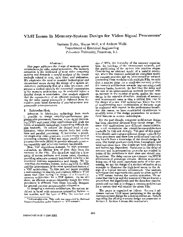(PDF) VLSI Issues In Memory-System Design for Video Signal Processors