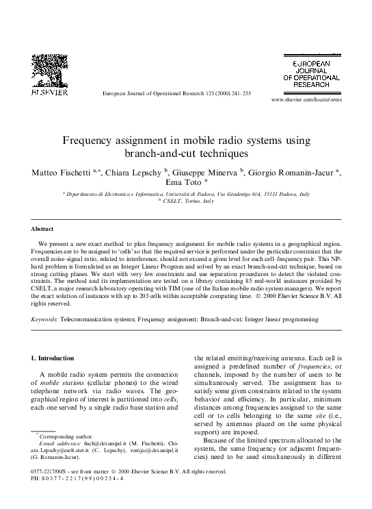 (PDF) Frequency assignment in mobile radio systems using branch-and-cut techniques