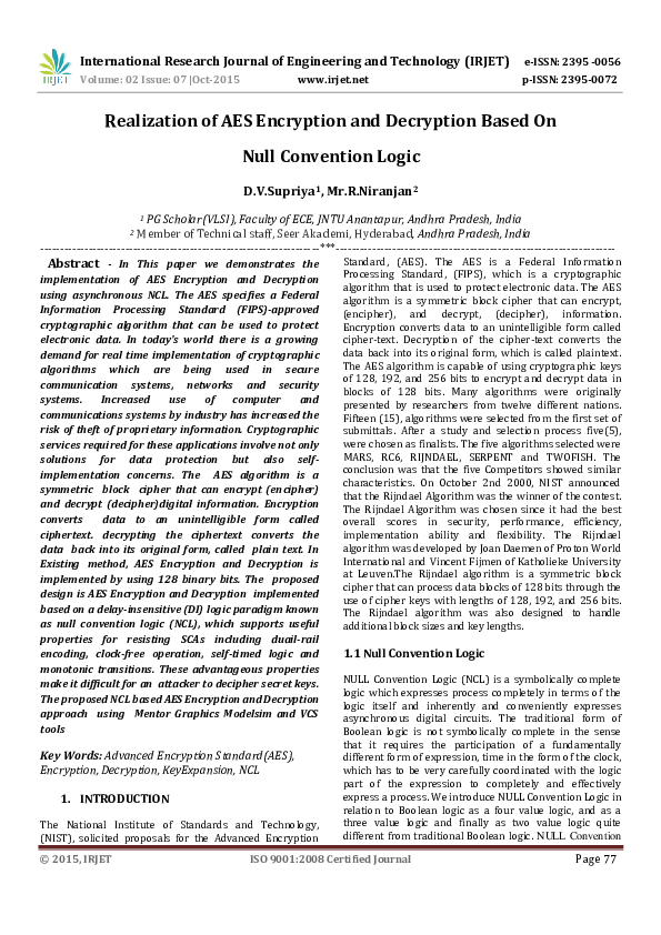 (PDF) Realization of AES Encryption and Decryption Based On Null Convention Logic | Murali ...