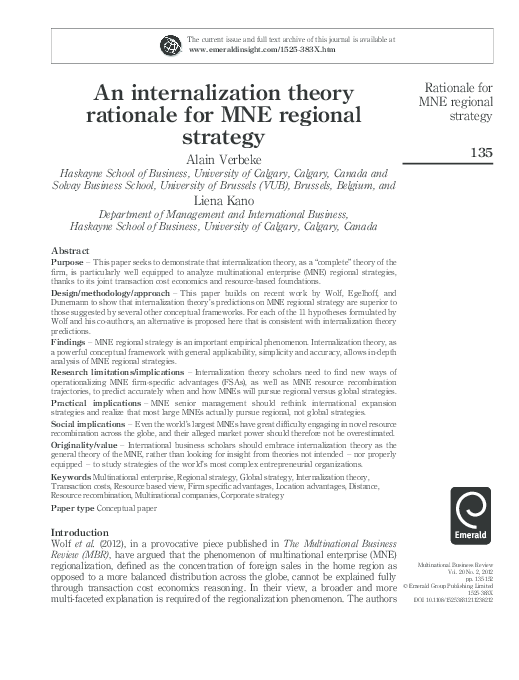 Pdf An Internalization Theory Rationale For Mne Regional Strategy