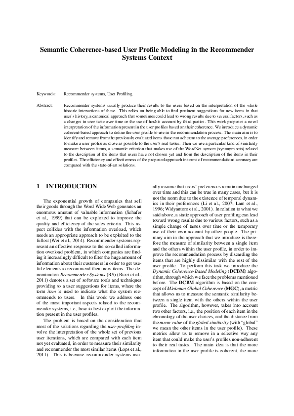 Semantic Coherence-based User Profile Modeling in the Recommender Systems Context