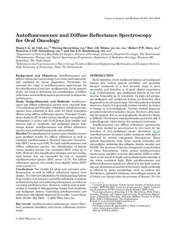 Pdf Autofluorescence And Diffuse Reflectance Spectroscopy For Oral Oncology