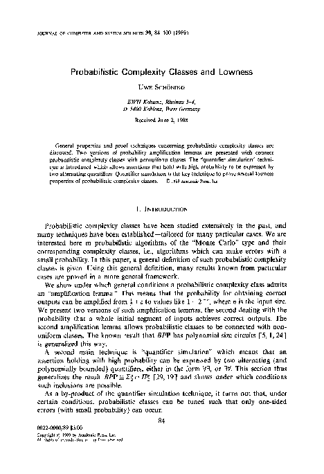 (PDF) Probabilistic complexity classes and lowness