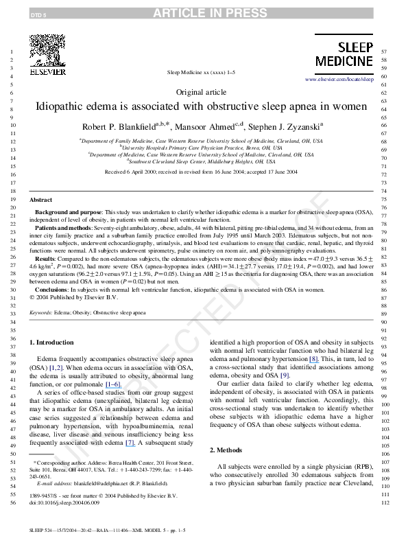 (PDF) Idiopathic edema is associated with obstructive sleep apnea in women