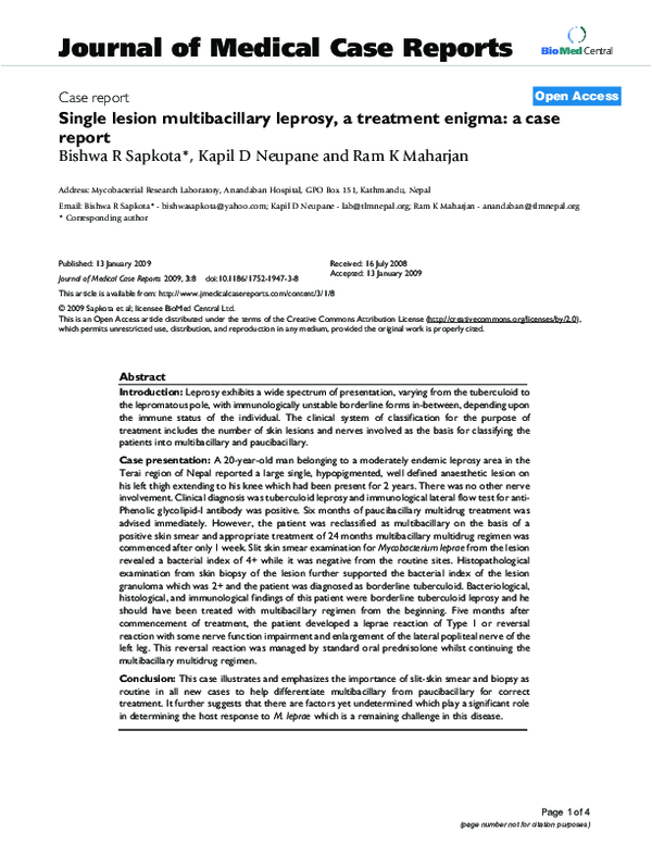 (PDF) Single lesion multibacillary leprosy, a treatment enigma: a case ...