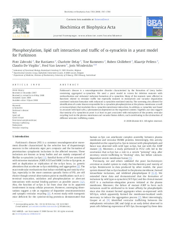 (PDF) Phosphorylation, lipid raft interaction and traffic of α-synuclein in a yeast model for ...