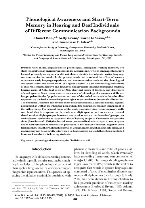 (PDF) Phonological Awareness and Short-Term Memory in Hearing and Deaf Individuals of Different ...