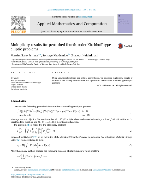 (PDF) Multiplicity results for perturbed fourth-order Kirchhoff type elliptic problems