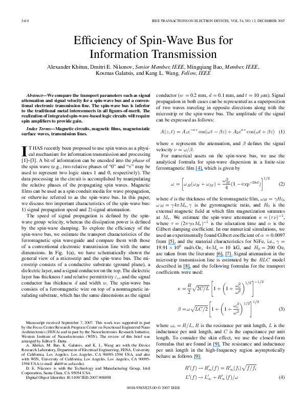 (PDF) Efficiency of Spin-Wave Bus for Information Transmission