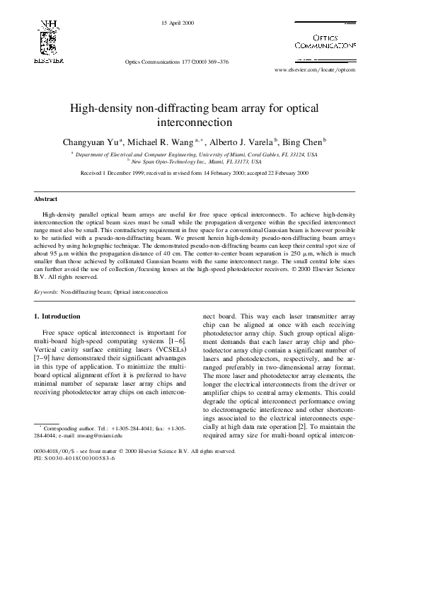 Pdf High Density Non Diffracting Beam Array For Optical Interconnection