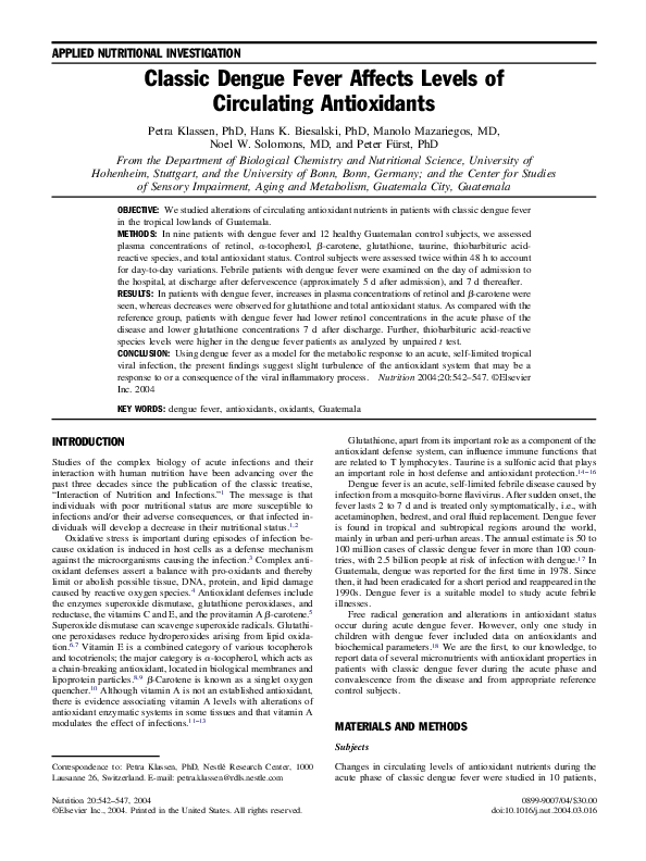(PDF) Classic dengue fever affects levels of circulating antioxidants