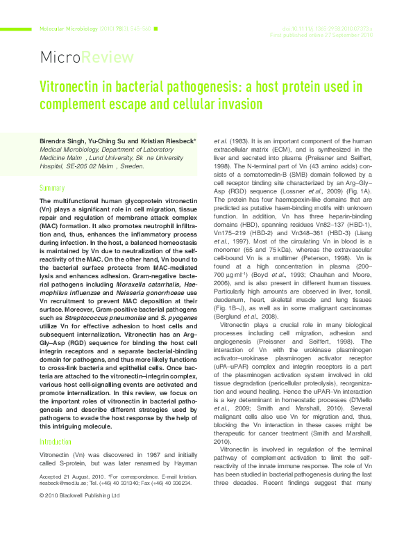 (PDF) Vitronectin in bacterial pathogenesis: a host protein used in ...