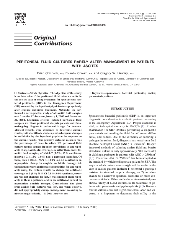 (PDF) Peritoneal Fluid Cultures Rarely Alter Management in Patients ...